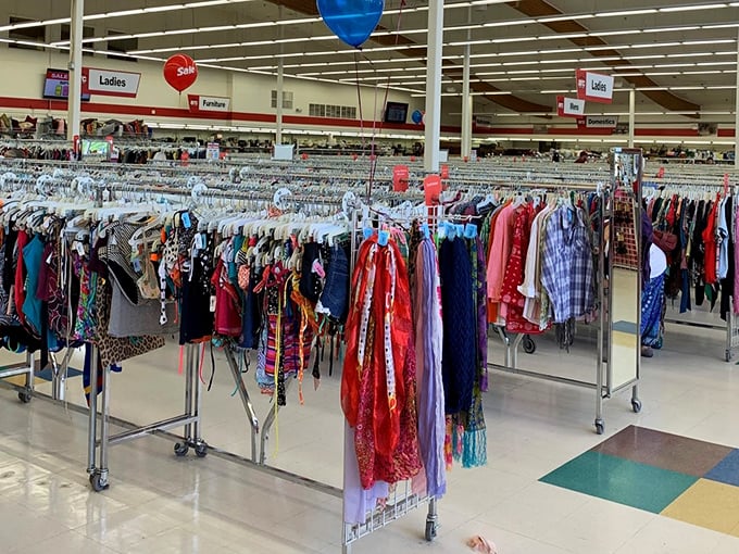Endless racks of women's clothing stretch toward the horizon, each hanger potentially holding that perfect cashmere sweater or vintage dress.