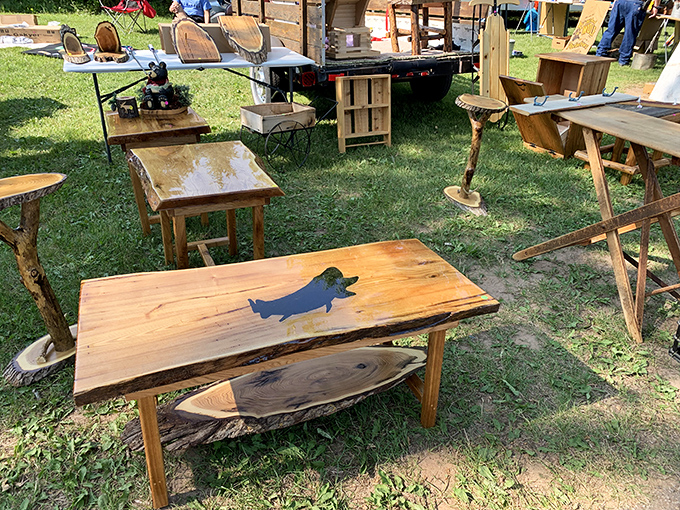 Rustic craftsmanship meets whimsy in this handcrafted table featuring a playful dachshund silhouette &ndash; proof that Wisconsin woodworkers know function needn't sacrifice personality.