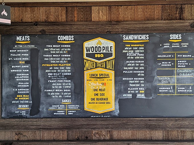 The chalkboard menu speaks volumes: no fancy fonts or flowery descriptions needed when your brisket has this kind of reputation.