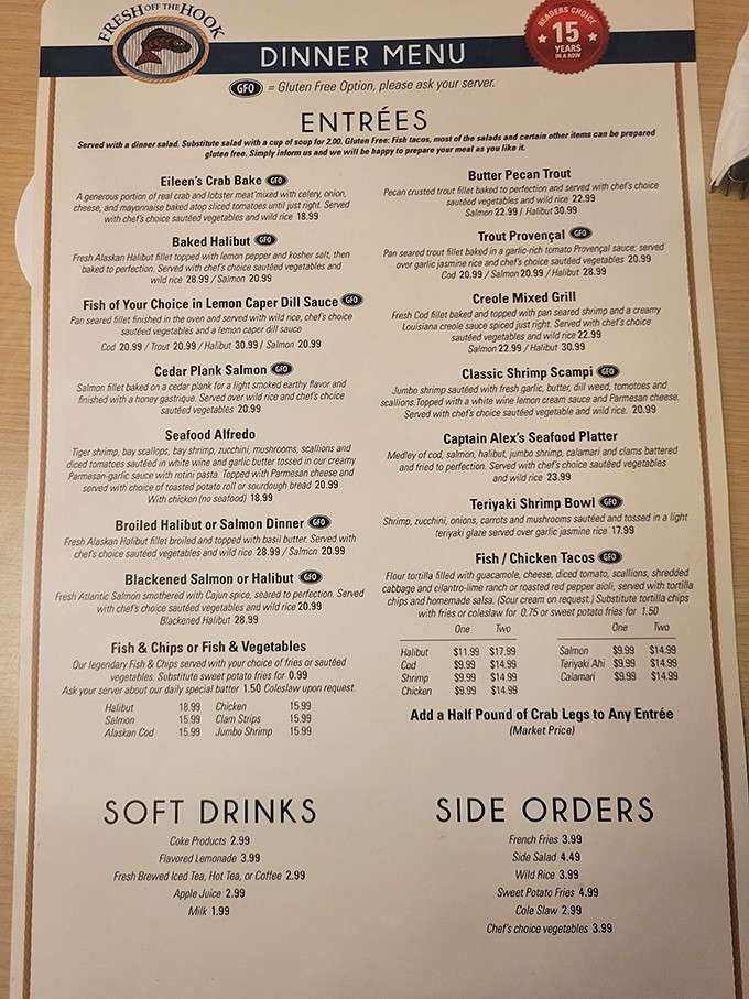 This menu reads like a love letter to the ocean, offering everything from classic chowder to adventurous Creole.