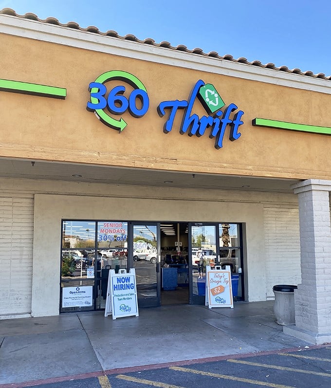 360 Thrift's cheerful sign welcomes shoppers to a full circle of secondhand possibilities.