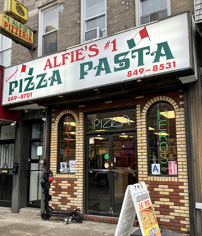 Alfie's classic red, white, and green sign proudly announces its Italian heritage. No frills, just the promise of honest-to-goodness pizza and pasta.