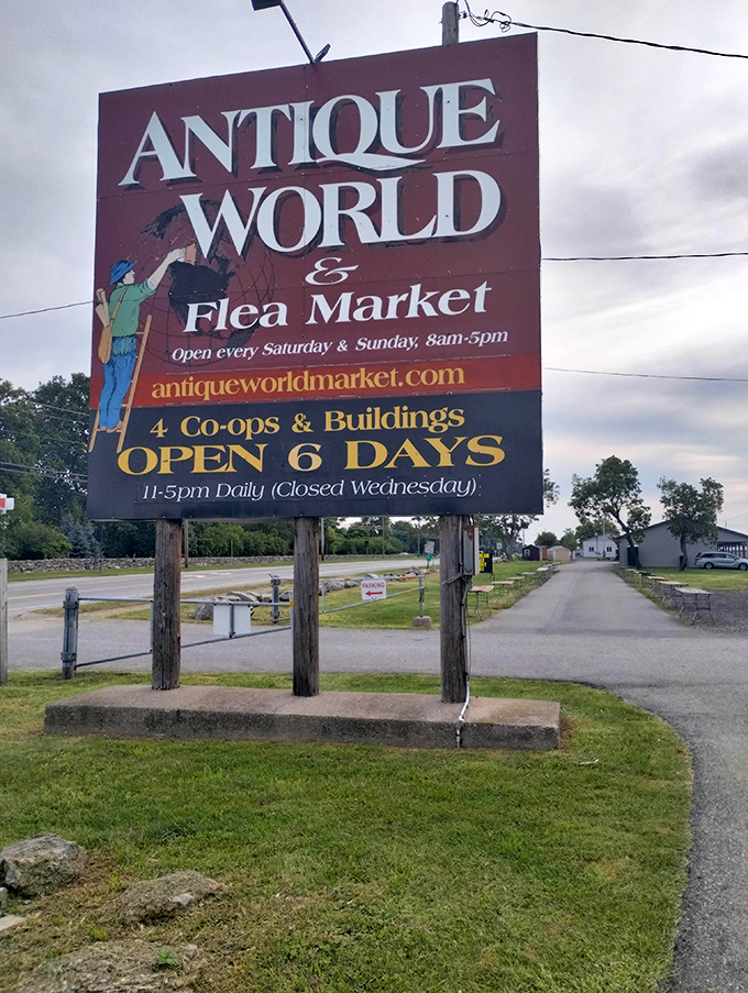 That roadside sign isn't lying: four connected buildings hold enough antiques to keep you browsing until closing time.