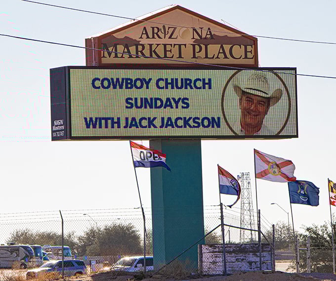 Howdy, bargain hunters! Arizona Market Place's towering sign promises both heavenly deals and actual heaven&mdash;Cowboy Church meets flea market in this uniquely Western experience.