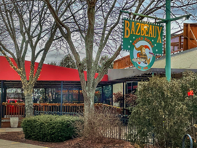 Bazbeaux's colorful jester sign welcomes pizza adventurers to a Broad Ripple institution where serious flavors meet playful atmosphere.