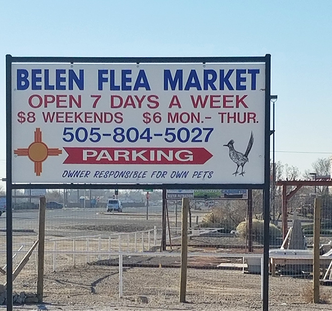 The no-nonsense sign at Belen Flea Market lays out the rules of engagement&mdash;bring cash, leave with treasures, seven days a week!