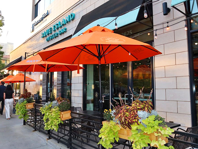 Blue Island's sleek exterior and bright orange umbrellas bring a splash of coastal chic to Cherry Creek.