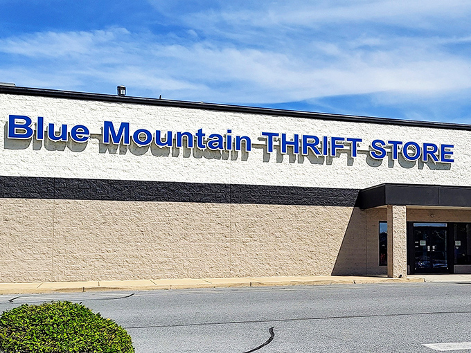 Blue Mountain Thrift's clean exterior hints at the organized treasure hunt waiting just beyond those doors.