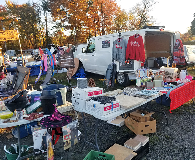Fall foliage creates the perfect backdrop for treasure hunting at Blue Ridge Flea Market. Philly sports gear and household gadgets await under autumn's golden canopy.
