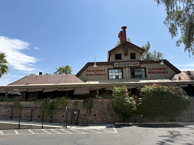 This adobe charmer with red tiles whispers "Southwest BBQ magic" before you even step inside.