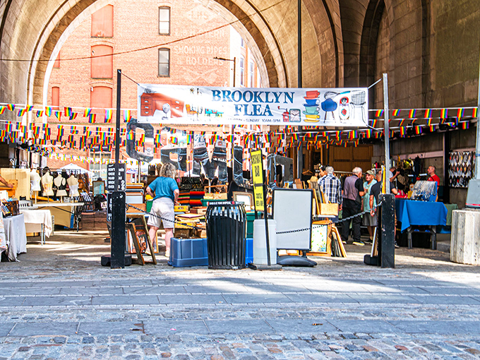 Brooklyn Flea's majestic archway entrance feels like stepping through a portal to bargain heaven. Those stone walls have seen centuries of deals.