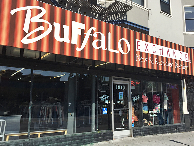 Buffalo Exchange's bold orange signage cuts through San Francisco fog like a beacon for fashion-forward thrift shoppers everywhere.