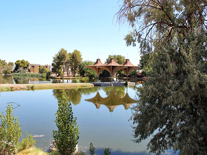 California City's serene lake reflects the unique pavilion like a desert mirage. Who knew affordable California could look this picturesque?
