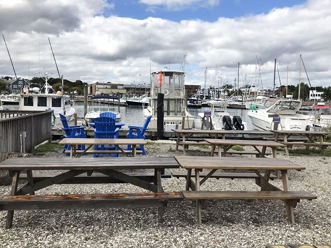 Captain Scott's picnic tables with a marina view&mdash;simple pleasures at their finest. The best seasoning is always fresh air and boat watching.
