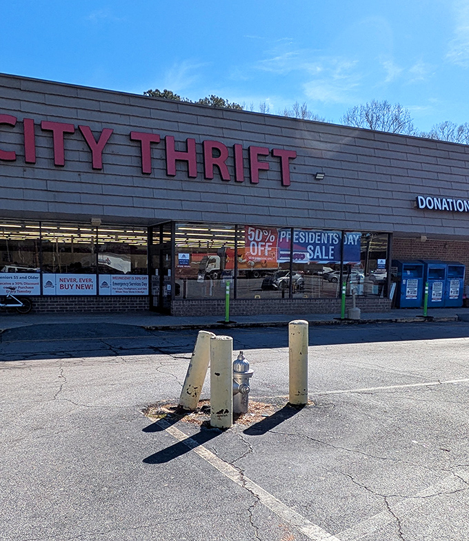 City Thrift's bold red letters announce deals louder than a carnival barker hawking the main attraction.