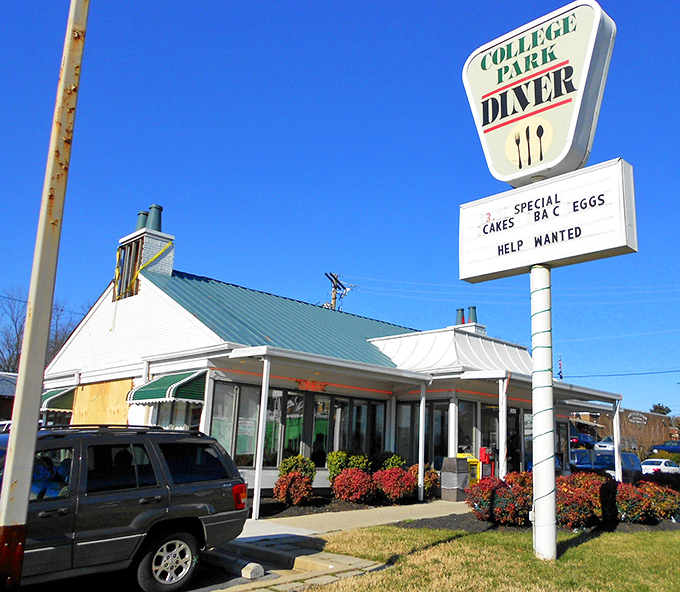 College Park Diner's retro sign advertises the holy trinity of diner greatness: "Special Cakes Eggs" – simple perfection with a side of nostalgia.