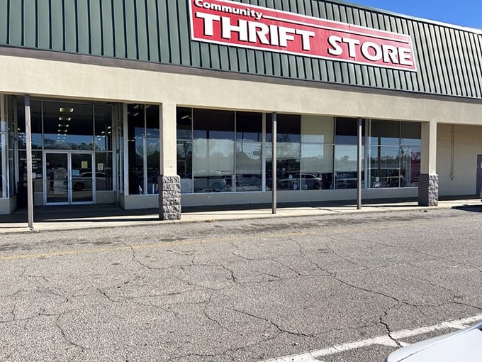 Community Thrift's no-nonsense exterior hides a wonderland within. The red sign practically shouts "bargains ahead!"