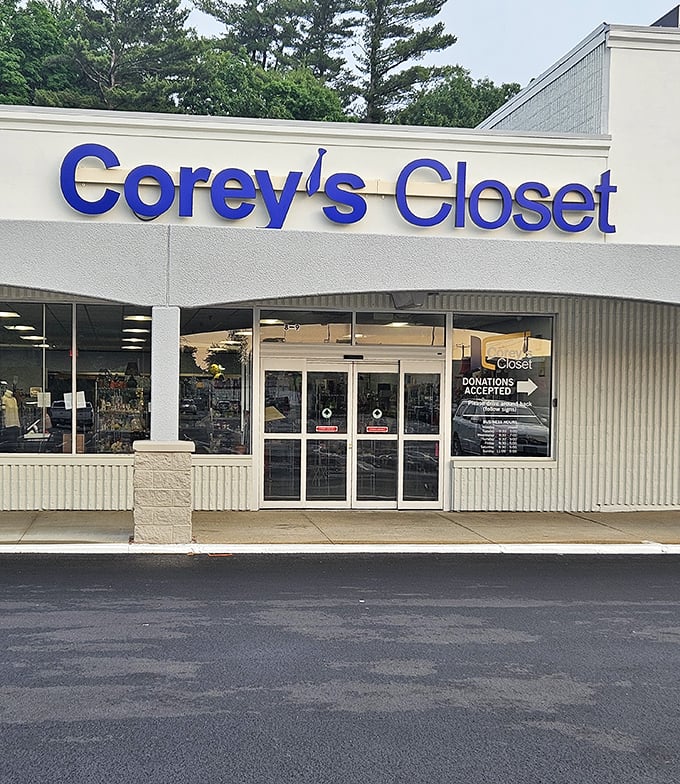 Corey's Closet stands out with its bold blue signage. This isn't your grandmother's thrift store&mdash;it's a boutique experience!