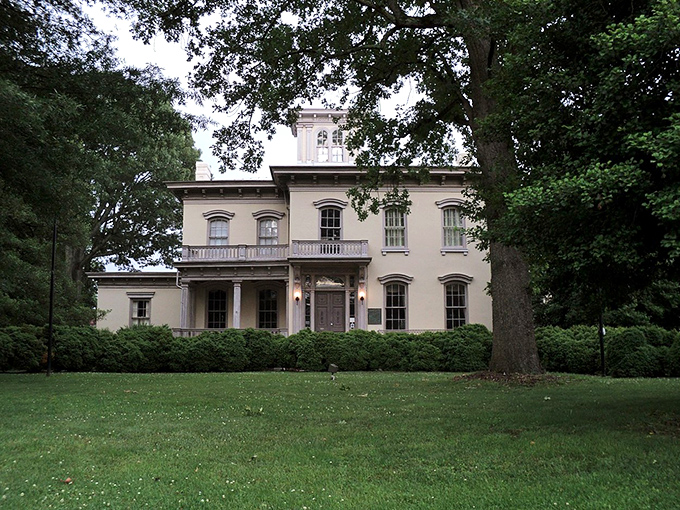 This elegant mansion sits gracefully among towering trees like a Southern belle at garden party.
