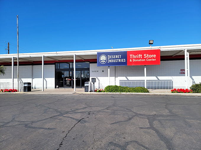Those red flowers add a cheerful welcome to a thrift store that feels more like a department store.