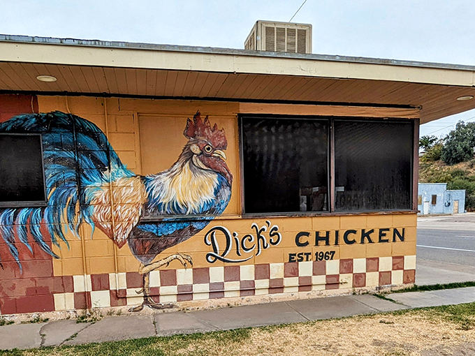 Dick's colorful rooster mural isn't just decoration&mdash;it's a promise of clucking good broasted chicken worth crossing the road for.