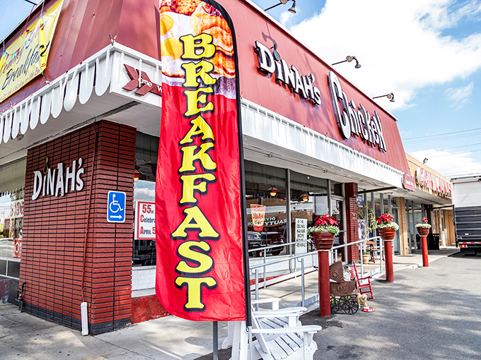 Dinah's bright red storefront promises breakfast and delivers fried chicken dreams that last all day long.
