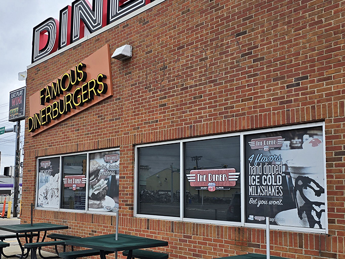 The Diner's bold brick facade makes a simple promise: famous burgers and hand-dipped shakes without any fancy fuss.