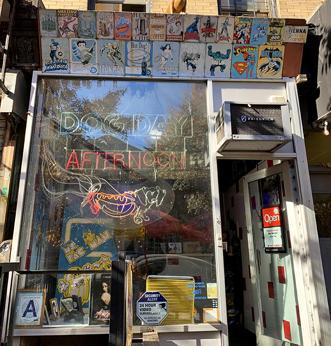 Comic book heroes guard this tiny temple of tubular meat - Superman would definitely approve.