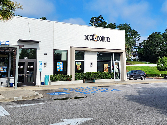 Duck Donuts' clean, modern storefront hides a magical workshop where donut dreams come true, one custom creation at a time.