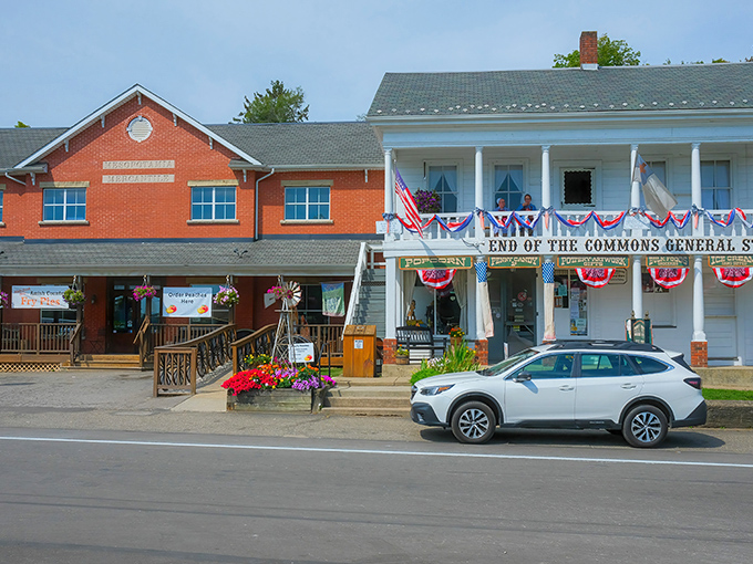 Red, white, and blue bunting makes this general store look ready for a Fourth of July parade.