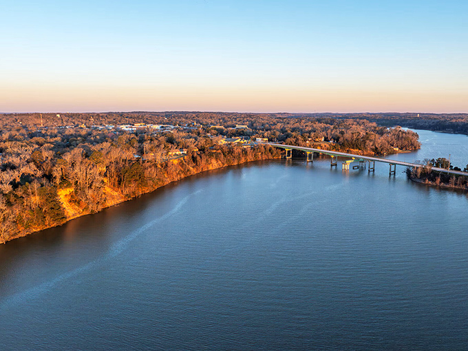 Eufaula's majestic waters embrace the landscape like an old friend, while that bridge promises adventures on either shore&mdash;no passport required!