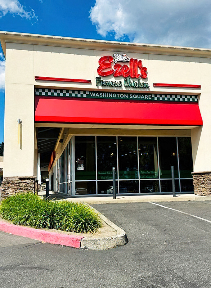 Ezell's Famous Chicken brings Southern comfort to Tigard with a bright awning that signals "chicken paradise ahead."