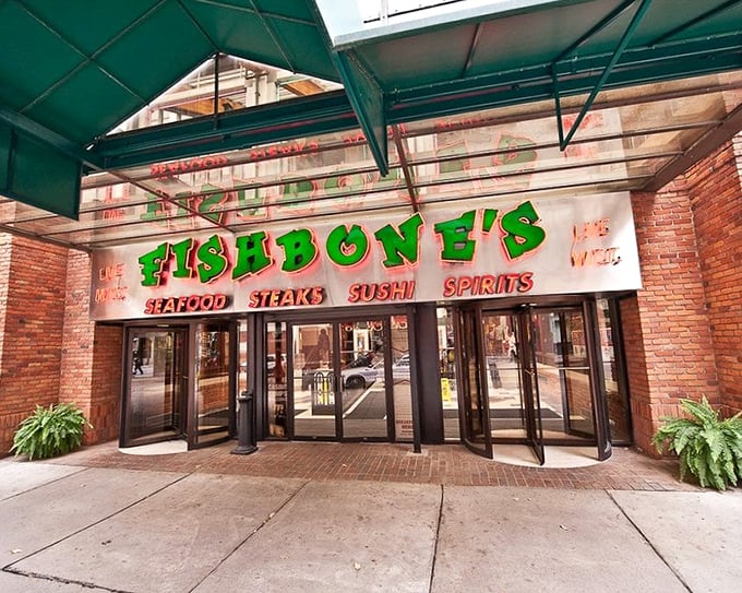 Fishbones' entrance glows with invitation, promising a seafood journey from the Great Lakes to the Gulf Coast.