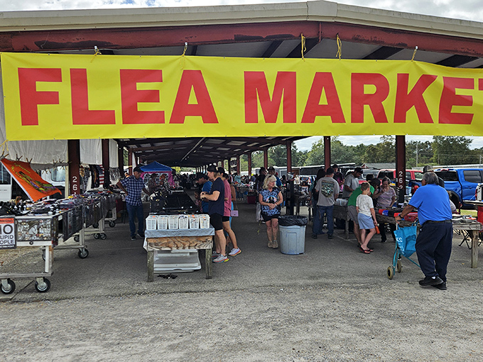 That bright yellow "Flea Market" sign beckons like a lighthouse guiding ships to treasure-filled shores.