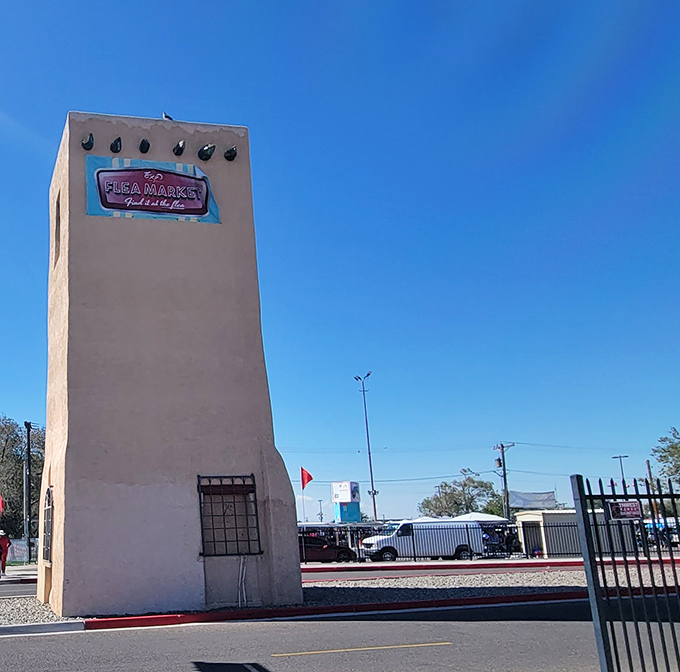 That distinctive tower stands like a beacon, calling all bargain hunters to flea market heaven.