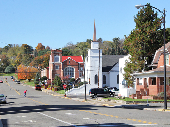 Church steeples and brick buildings define Galax's skyline. A town where Sunday services and bluegrass music set the weekly rhythm.
