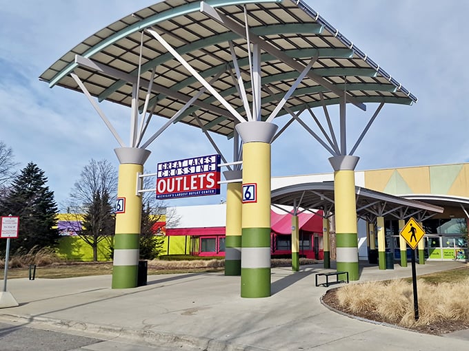 Great Lakes Crossing's modern architecture soars overhead, creating a cathedral of commerce where shopping is practically a religious experience.