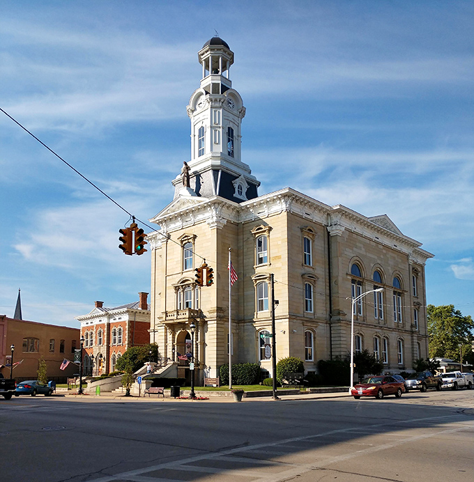 Greenville's courthouse tower rises majestically, a beacon of stability in Ohio's heartland farming community.