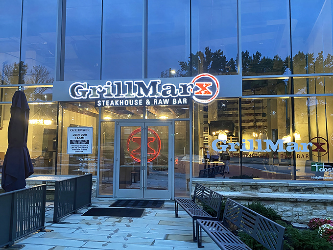 GrillMarX's modern glass entrance is like the Clark Kent of steakhouses&mdash;unassuming on the outside, superhero-level delicious on the inside.