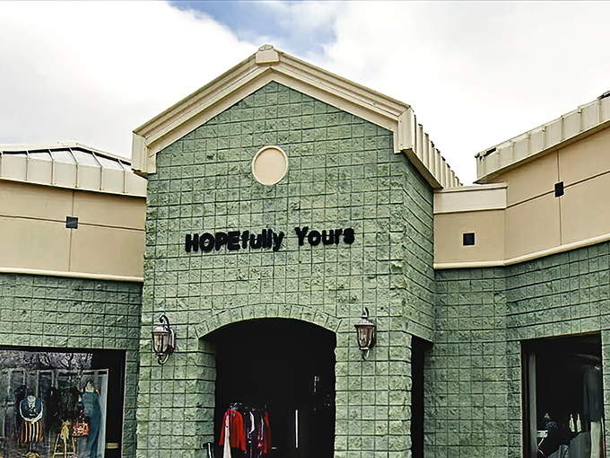 This elegant green-tiled facade whispers "quality finds" louder than a carnival barker selling snake oil.