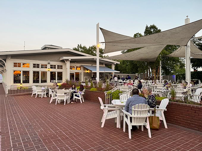 Sunset dining under billowing canopies&mdash;Harbor House's patio feels like you've crashed a stylish wedding reception where seafood is the bride.