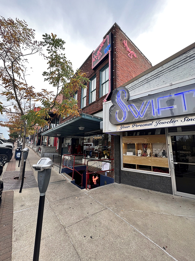 Hugo's basement entrance feels like discovering a secret burger society. That sign doesn't lie—these burgers are heavenly sinful!