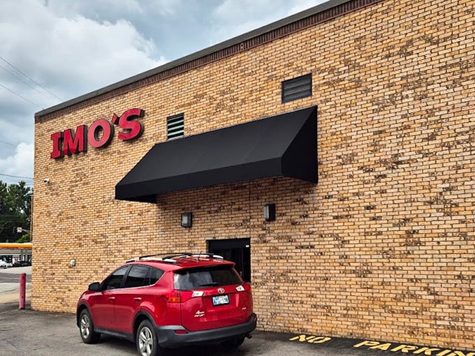 Classic Imo's brick facade stands proud, like a pizza fortress defending St. Louis tradition.