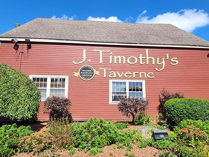 J. Timothy's red barn exterior is like a beacon for hungry travelers. This isn't your grandfather's tavern... or maybe it was!