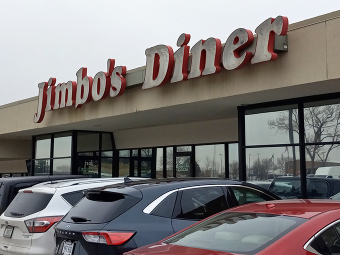 Jimbo's bold red sign stands out like a dinner bell, calling hungry folks to gather 'round the table.