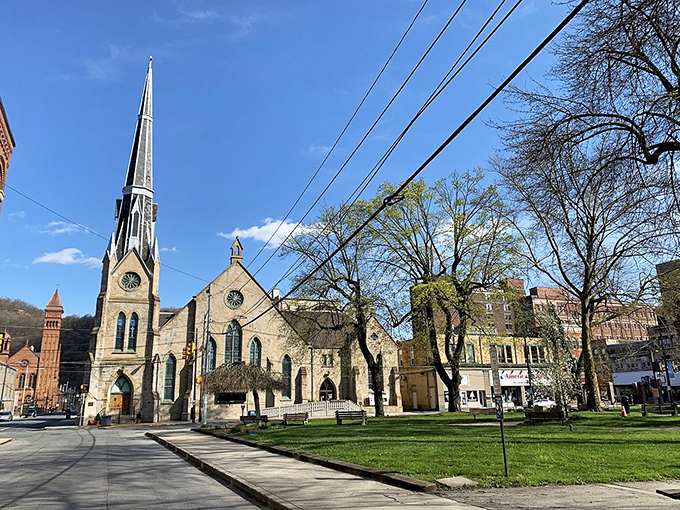 Johnstown's hillside views offer a picturesque panorama. The city nestles between mountains, with church spires reaching toward blue skies.