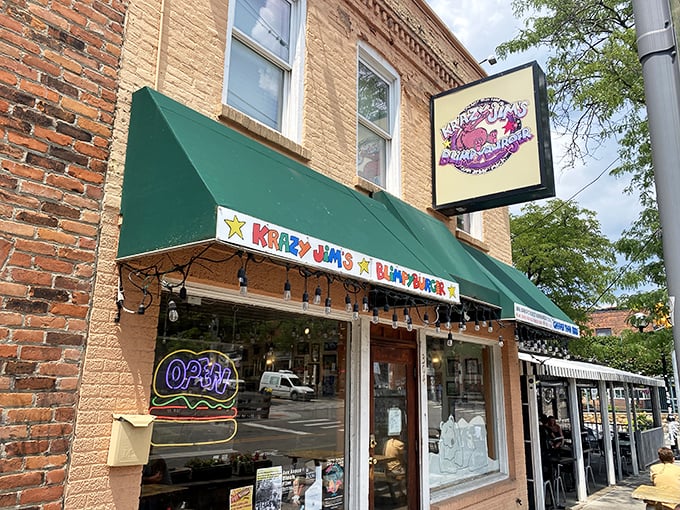 Behind this cheerful brick facade lies Ann Arbor's quirkiest burger adventure waiting to unfold before you.