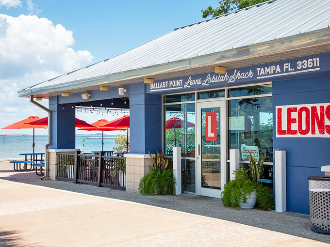 Leon's blue building stands like a beacon of lobster hope. The maritime color scheme isn't just pretty&mdash;it's a promise of what's inside.