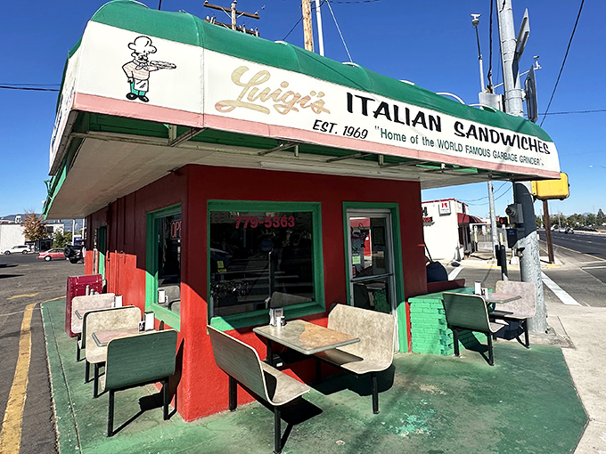 Luigi's colorful corner looks like it was airlifted straight from a Roman neighborhood &ndash; minus the Vespas. 