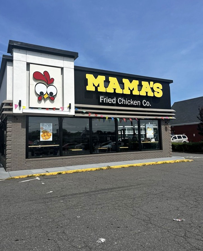 Mama's cartoon chicken mascot practically winks at you &ndash; it knows what crispy deliciousness awaits inside.